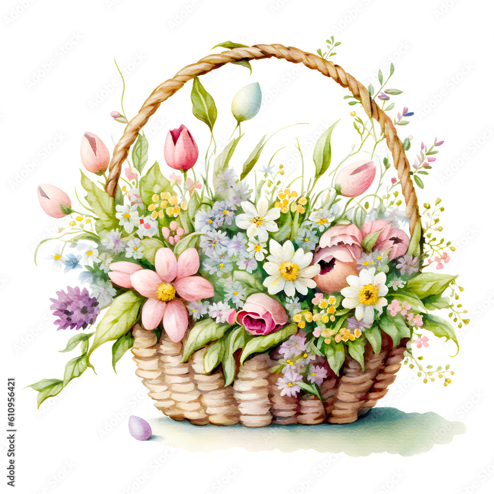 Floral easter basket watercolor clipart, isolated, transparent ...
