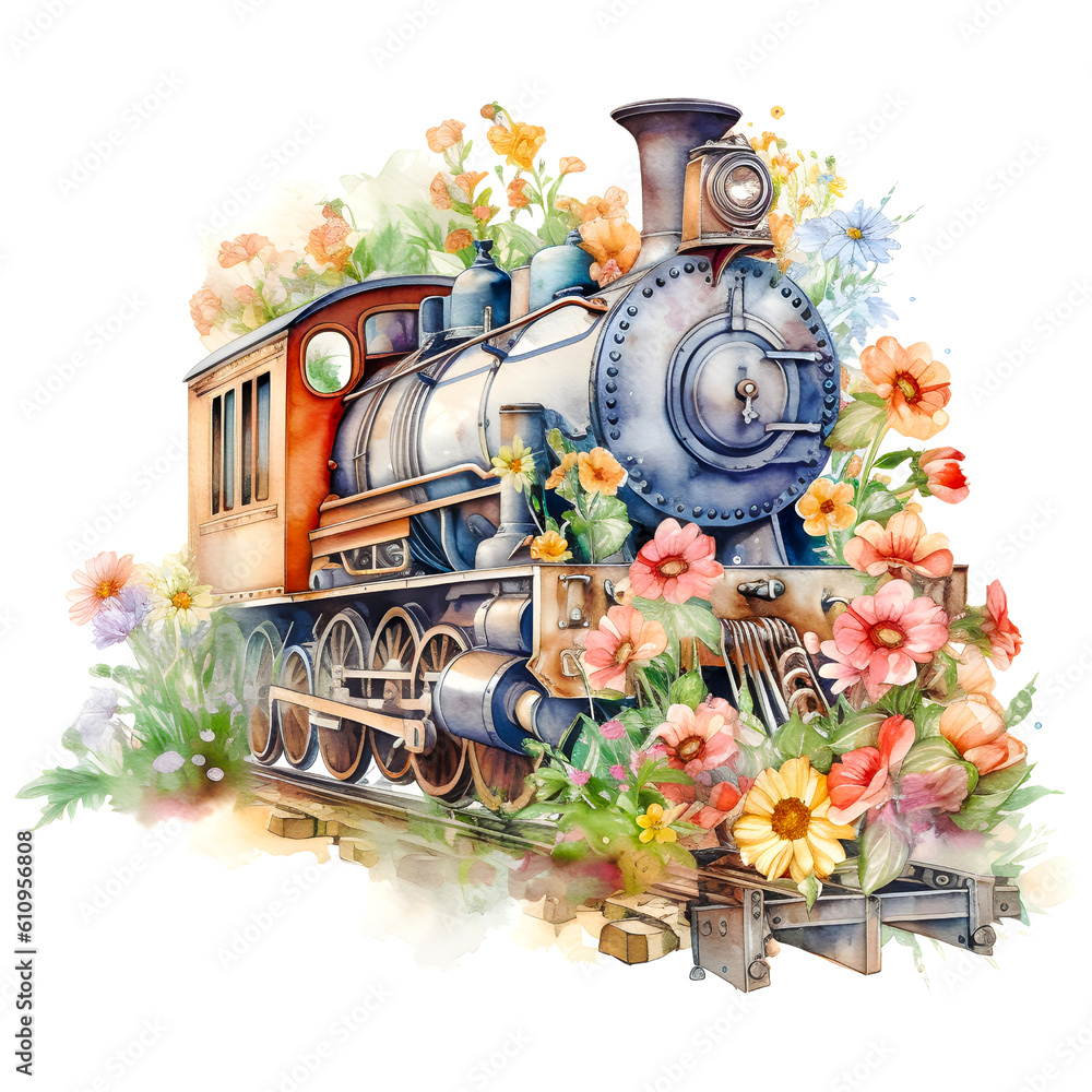 Floral train watercolor clipart, isolated, transparent background ...