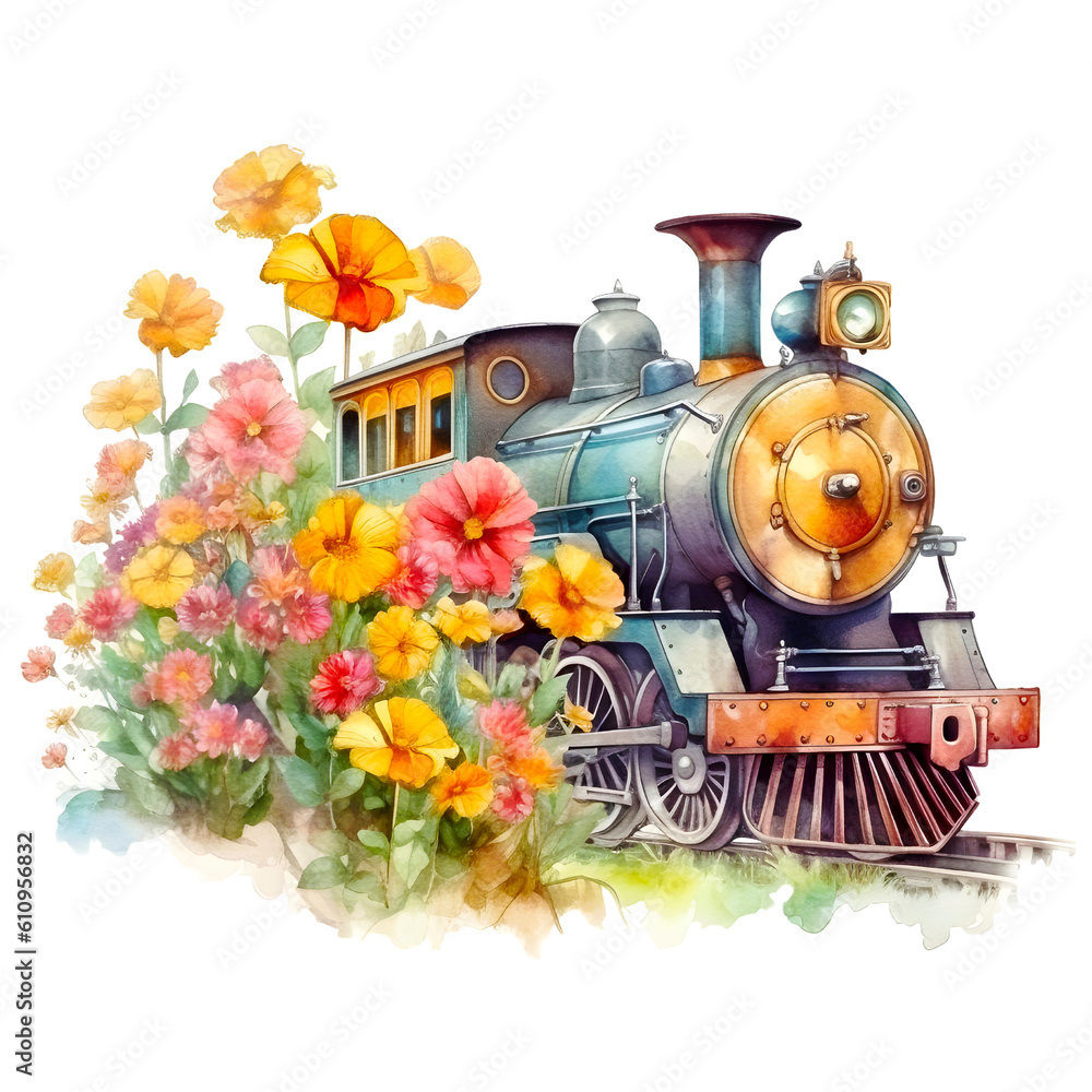 Floral train watercolor clipart, isolated, transparent background ...
