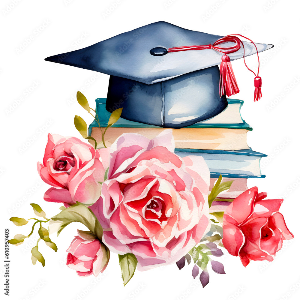 Floral graduation hat watercolor clipart, isolated, transparent ...