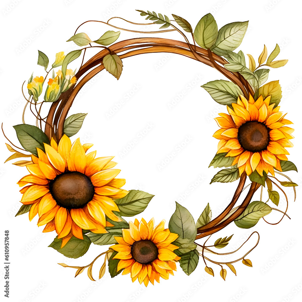 Sunflower wreath watercolor clipart, isolated, transparent background ...