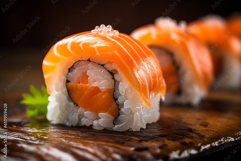 Macro view photography of a juicy sushi on a ceramic tile against a ...