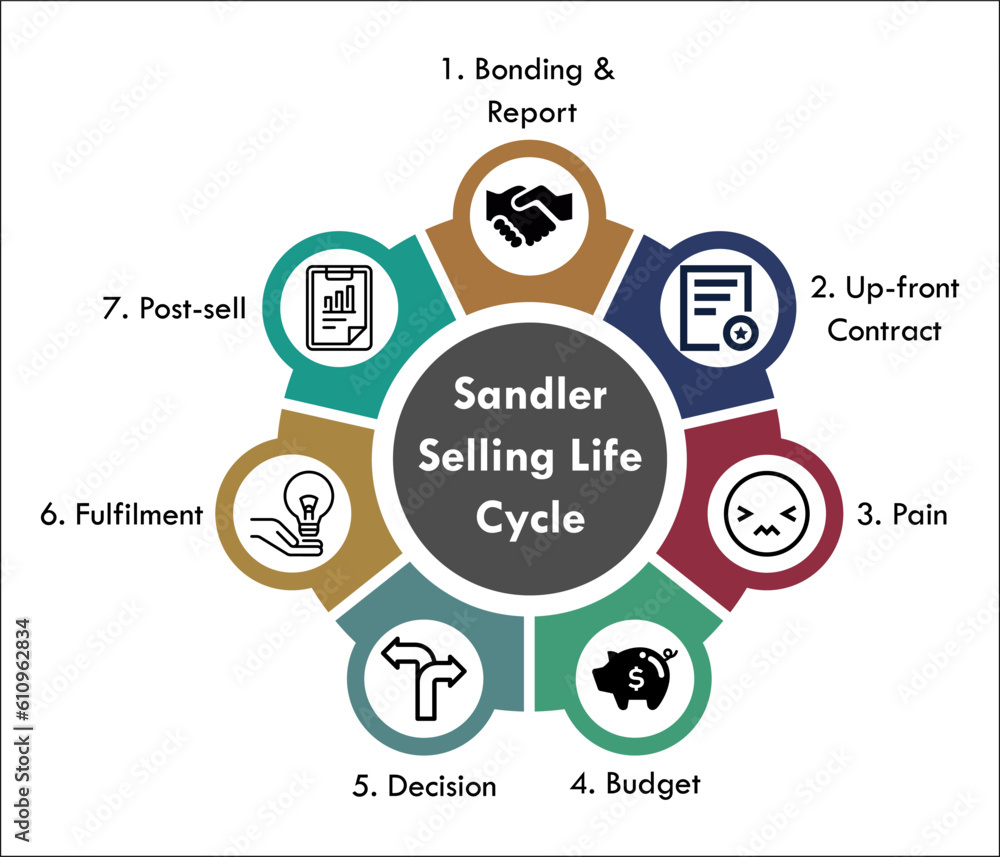 seven steps of Sandler Selling Life cycle with icons in an infographic ...
