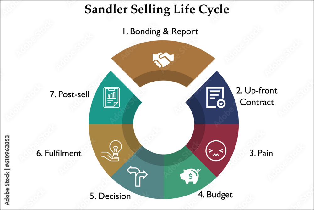 seven steps of Sandler Selling Life cycle with icons in an infographic ...