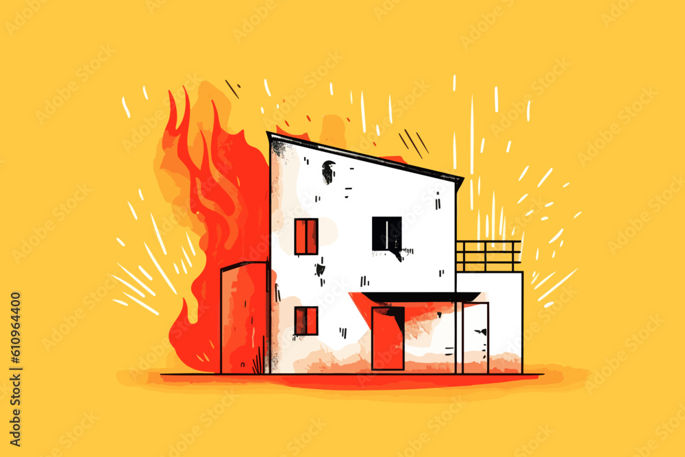 Doodle inspired outside of burning building, cartoon sticker, sketch ...