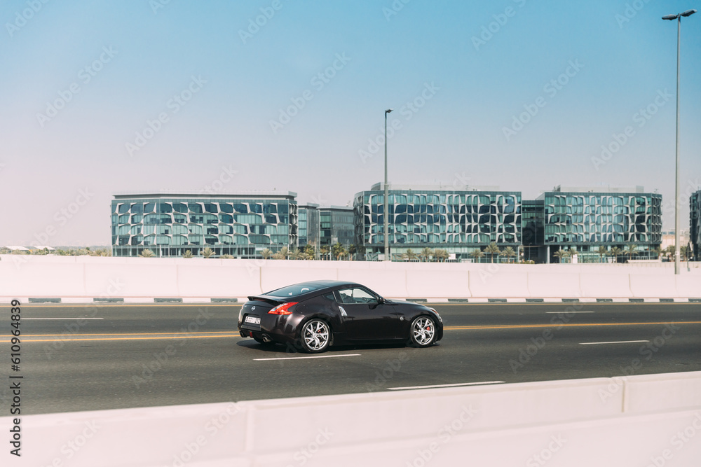 Dubai, UAE, United Arab Emirates - May 28, 2021: Black Nissan 350Z car ...