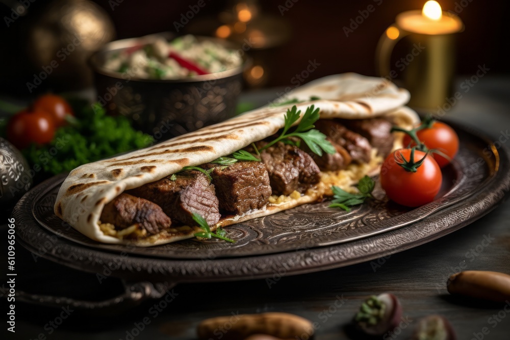 Detailed close-up photography of a tempting kebab on a porcelain ...