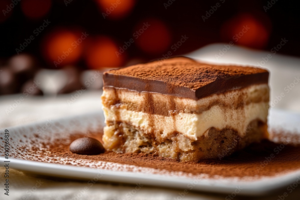 Highly detailed close-up photography of a tempting tiramisu on a ...