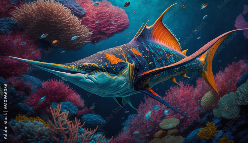 marlín fish in the coral reef, animals of the underwater sea world ...