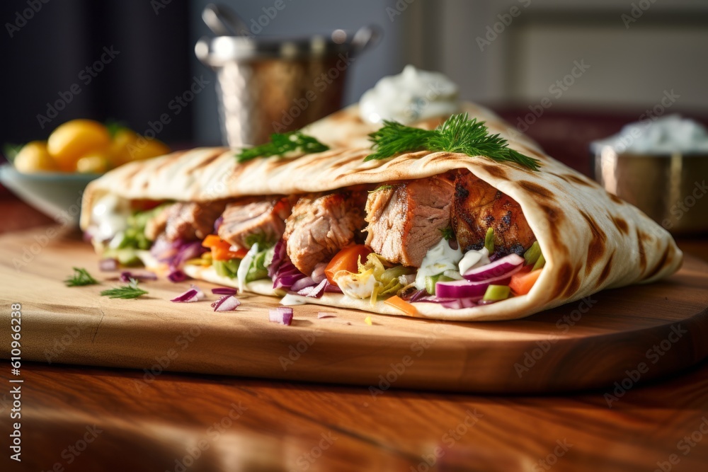 Highly detailed close-up photography of a tempting kebab on a porcelain ...