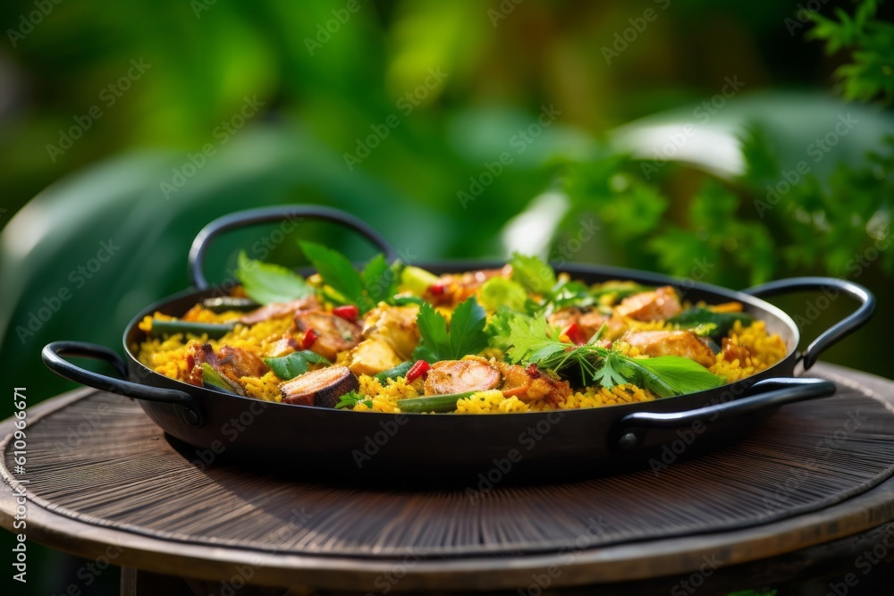 Detailed close-up photography of a refined paella on a plastic tray ...