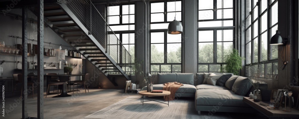 Banner - Living room in Loft in Contemporary design style typically ...
