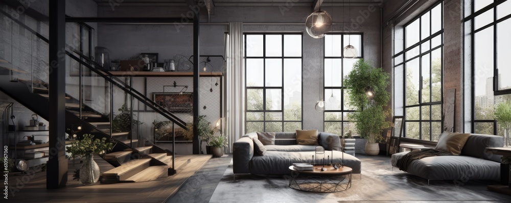 Banner - Living room in Loft in Contemporary design style typically ...