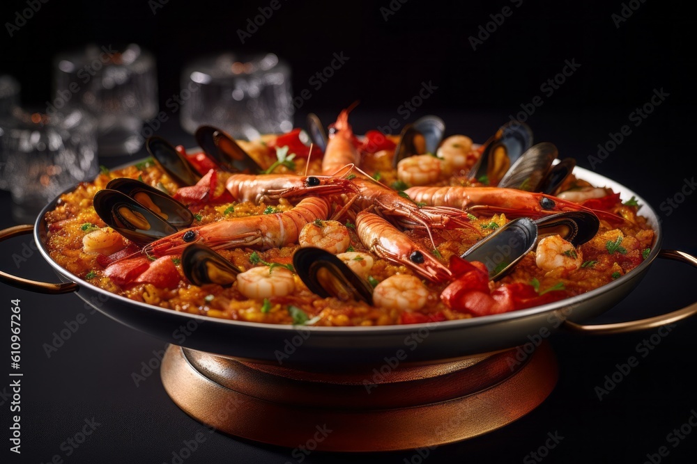 Highly detailed close-up photography of a refined paella on a metal ...