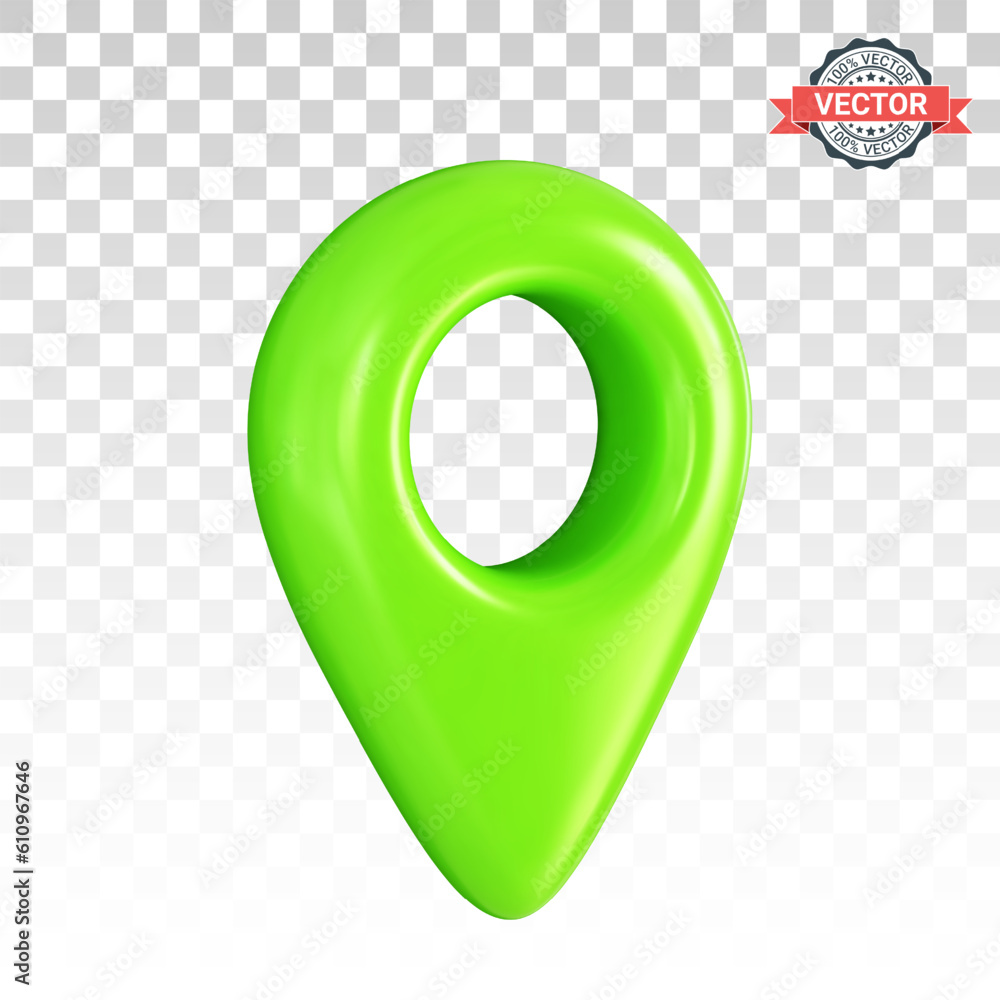 Green map pointer or GPS location icon in three-quarter front view ...