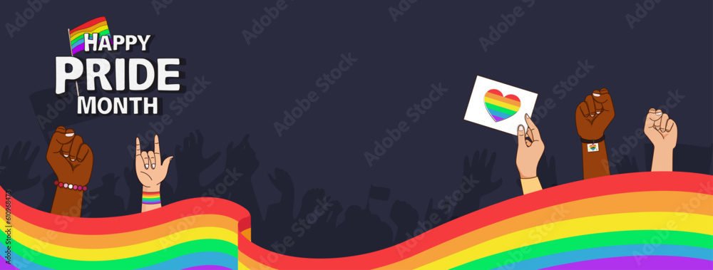 Pride month banner background with hands and wavy rainbow flag vector ...
