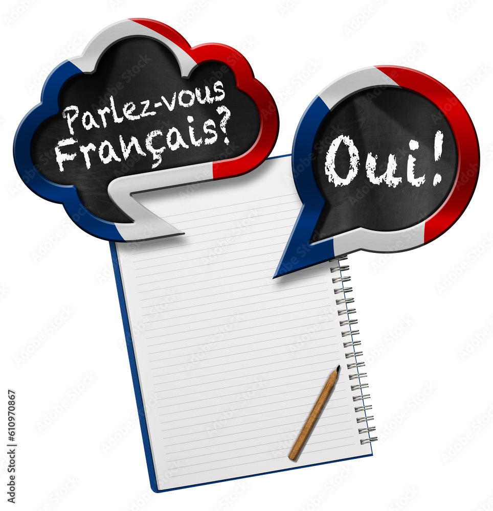 Two speech bubbles with with French flag and question Parlez-vous ...