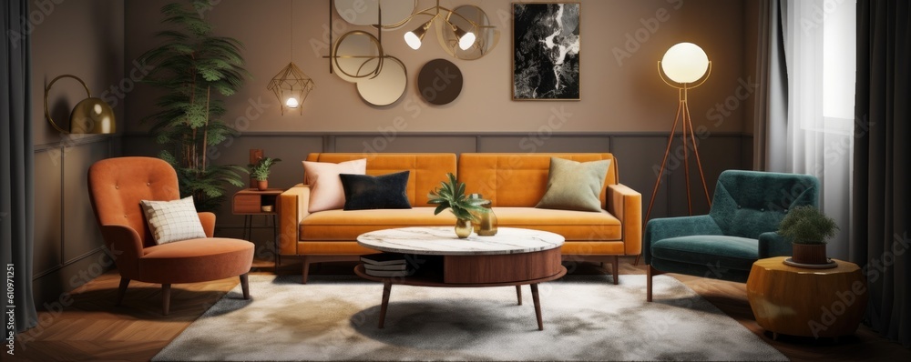 Banner - Living room in Mid - Century Modern, characterized by ...