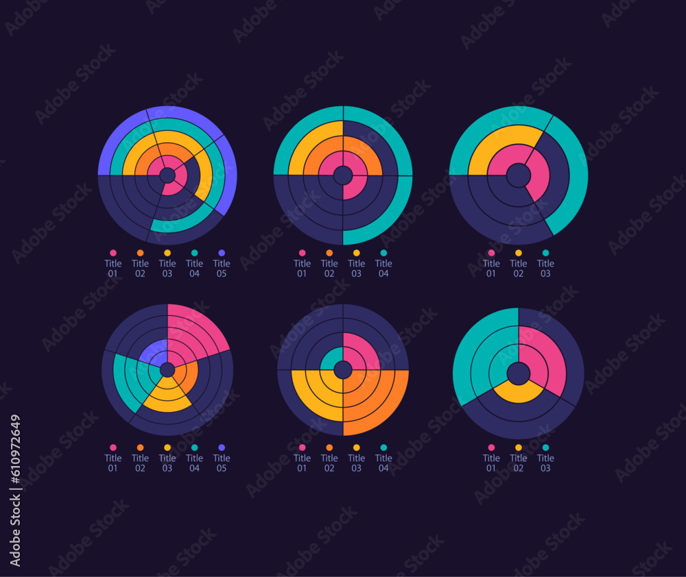 Concentric circle infographic chart design template set for dark theme. Market analysis. Visual ...