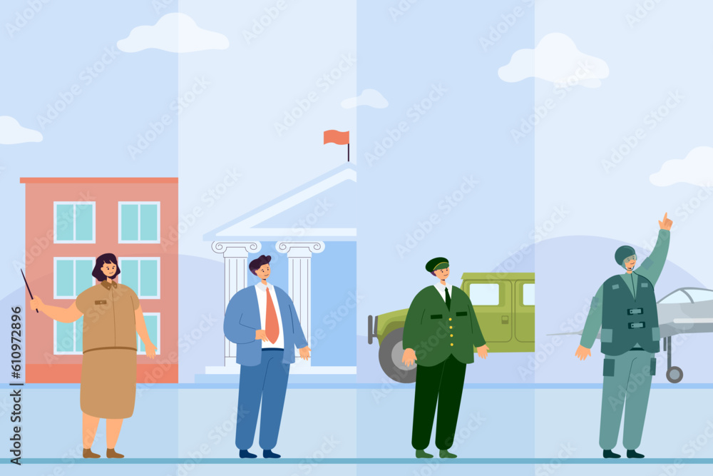 Vetor de Happy people of different government jobs vector illustration ...