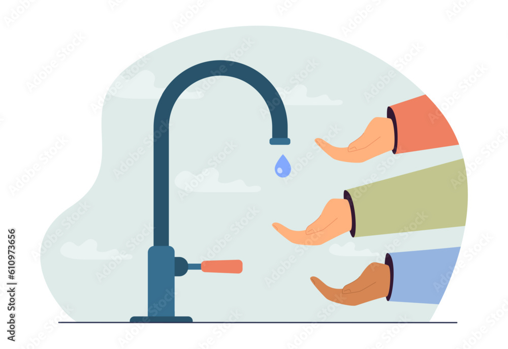 Hands of people reaching for water dropping from tap. Water restriction ...