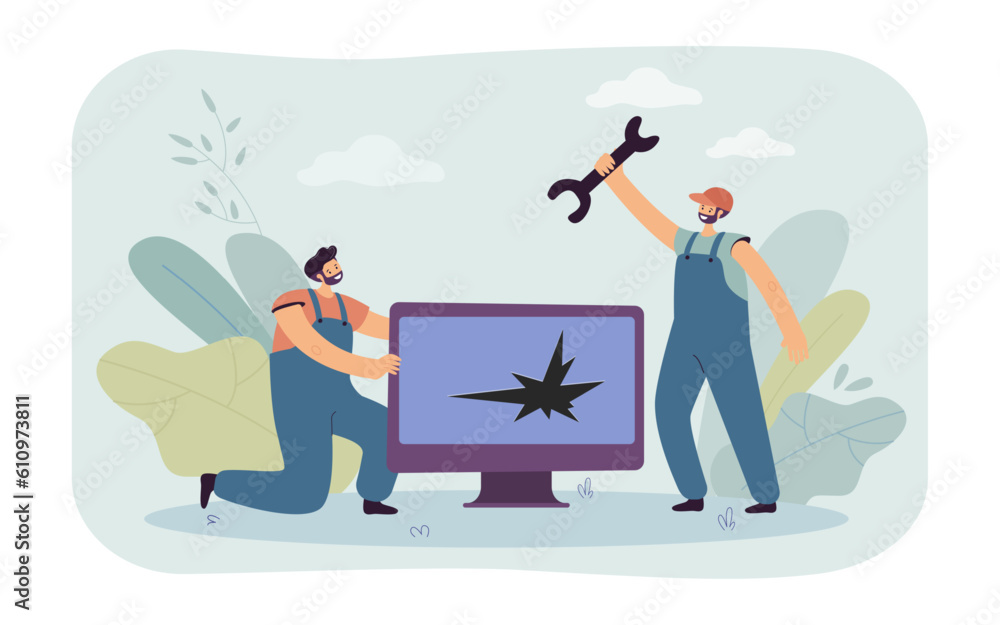 Happy technicians repairing broken TV vector illustration. Cartoon ...