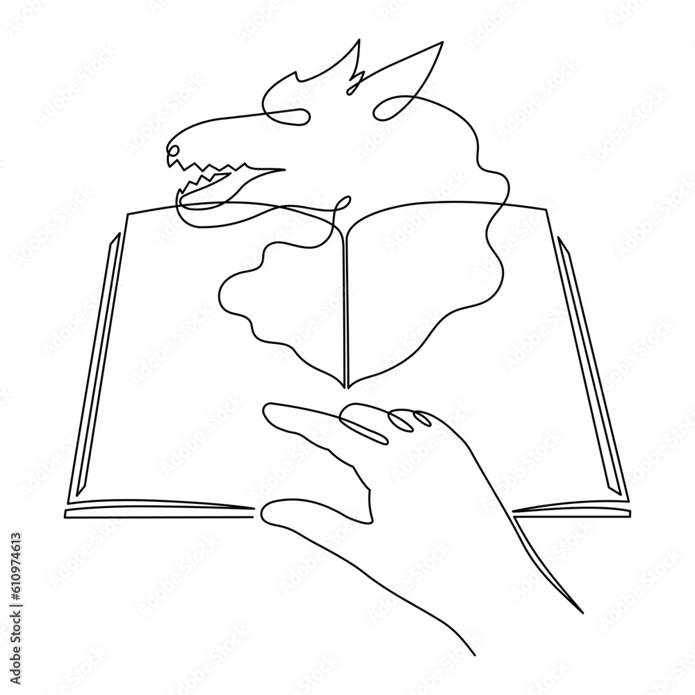 Book with dragon one line art,continuous contour drawing,hand-drawn ...