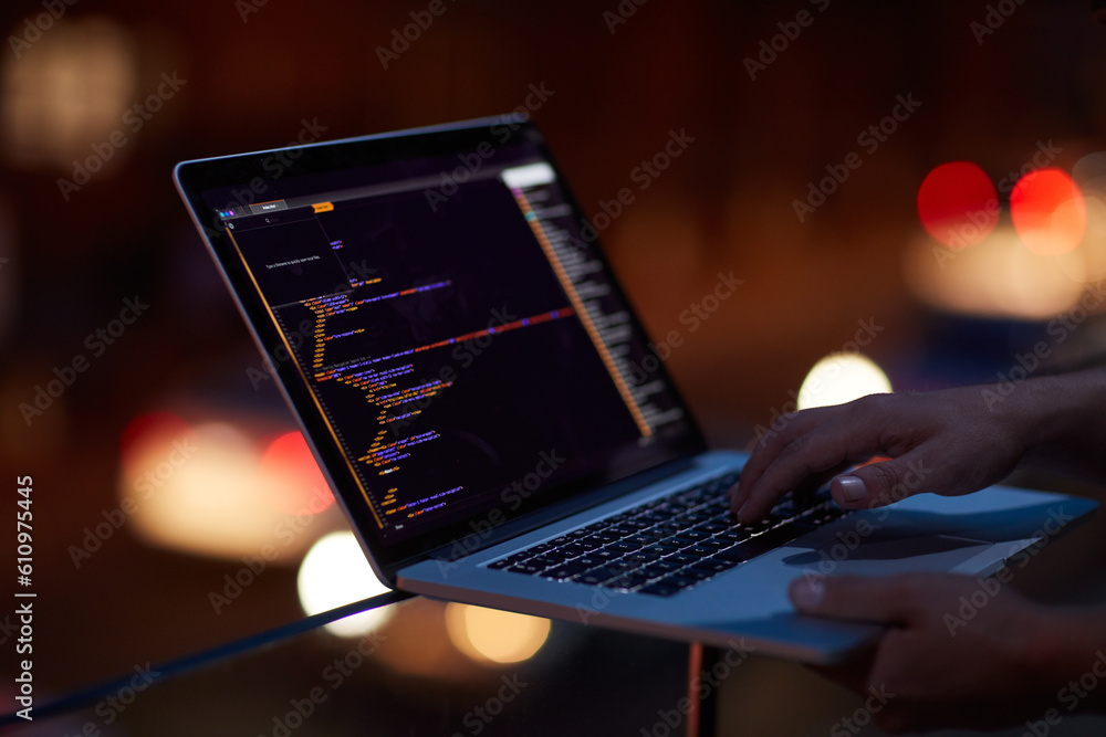 Hacker, programming and laptop with hands of person for ransomware, cyber security and phishing ...