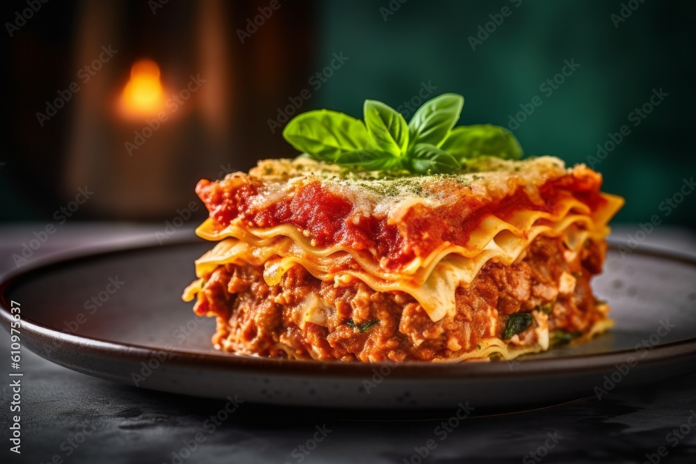 Highly detailed close-up photography of a tempting lasagna on a marble ...