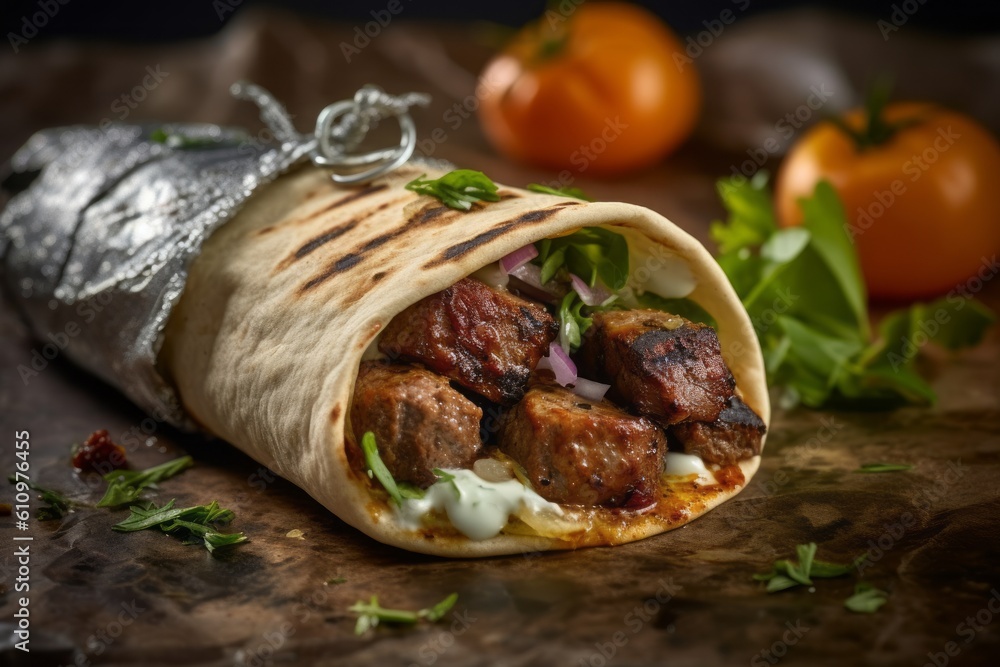 Detailed close-up photography of a tempting kebab on a marble slab ...