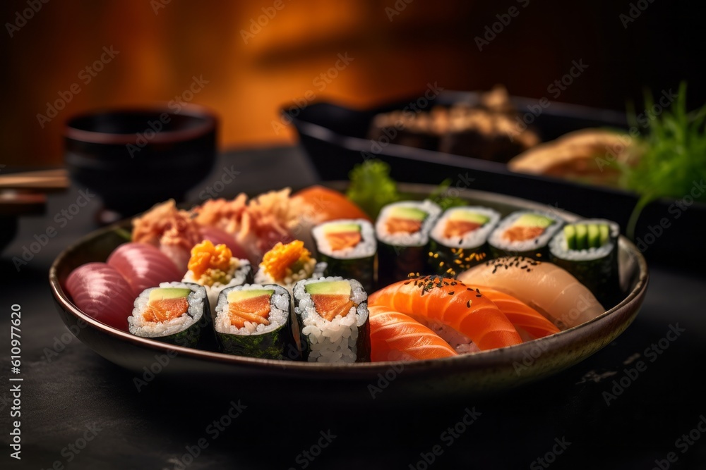Highly detailed close-up photography of a tempting sushi in a clay dish ...