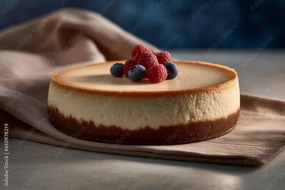 Highly detailed close-up photography of a tempting cheesecake on a ...