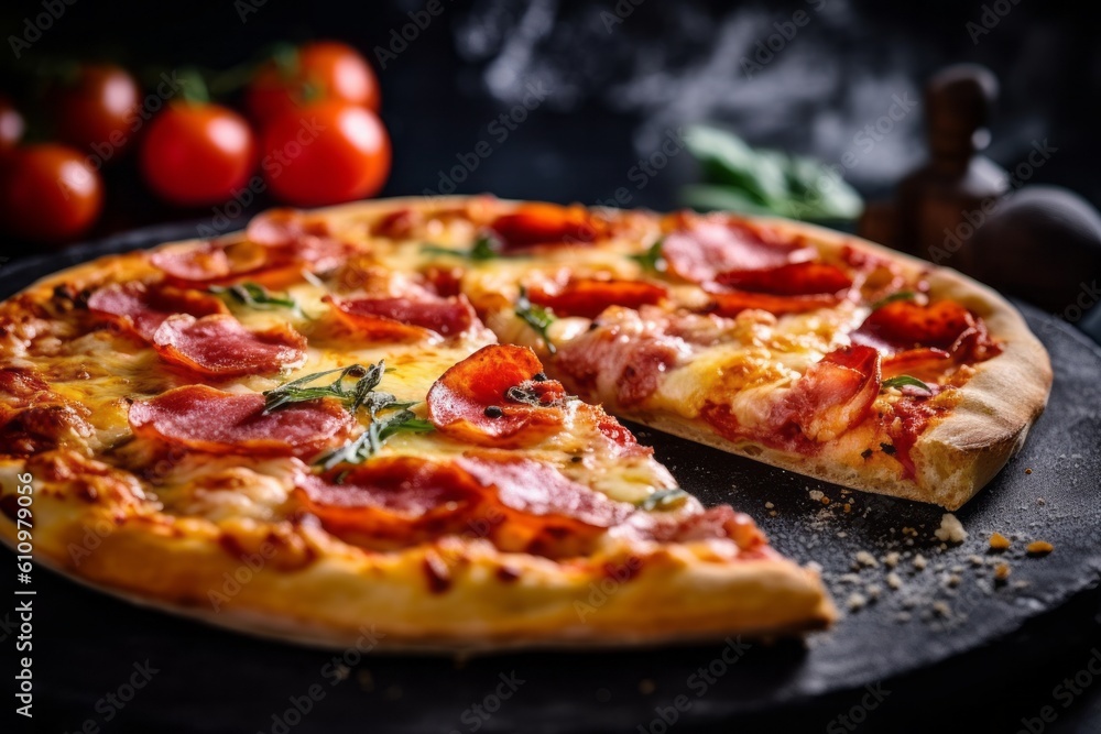 Natural light close-up photography of an exquisite pizza on a slate ...