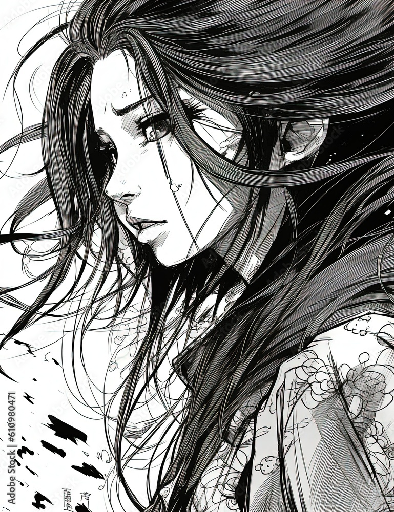 Detailed bkack and white ink drawing of a cartoon charcter, anime style ...