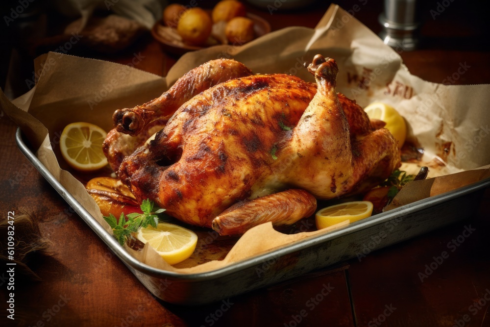 Rustic ambiance close-up photography of a tempting roast chicken on a ...