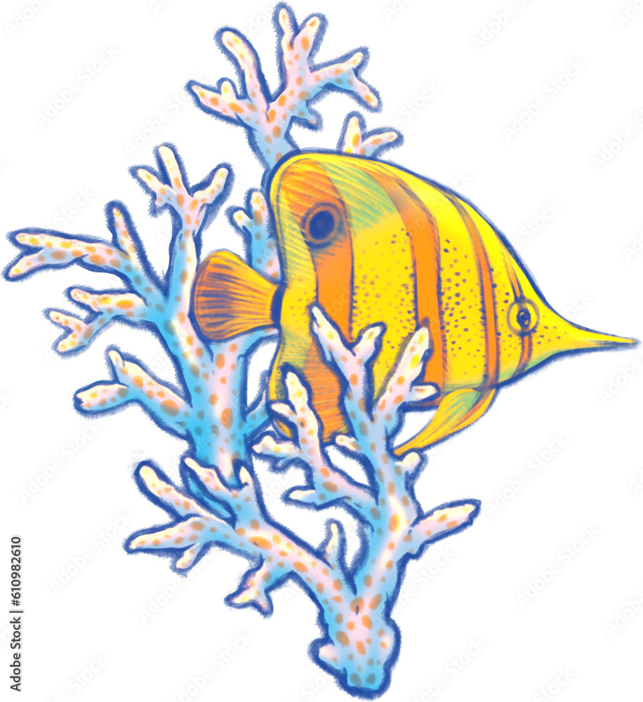 Underwater inhabitants Tropical yellow fish and coral reef Hand drawn ...