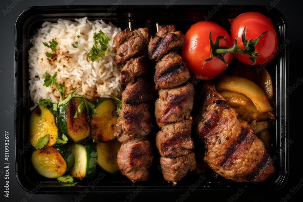 Detailed close-up photography of an exquisite kebab in a bento box ...