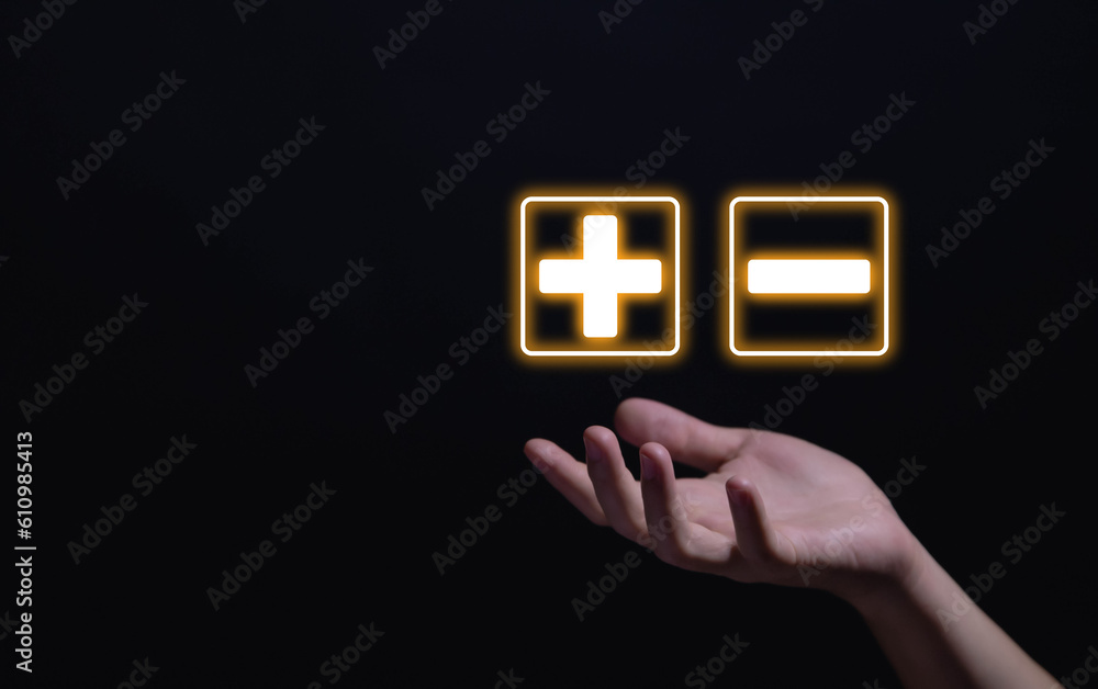 hand show plus and minus symbols. The concept of opposites, decisions ...
