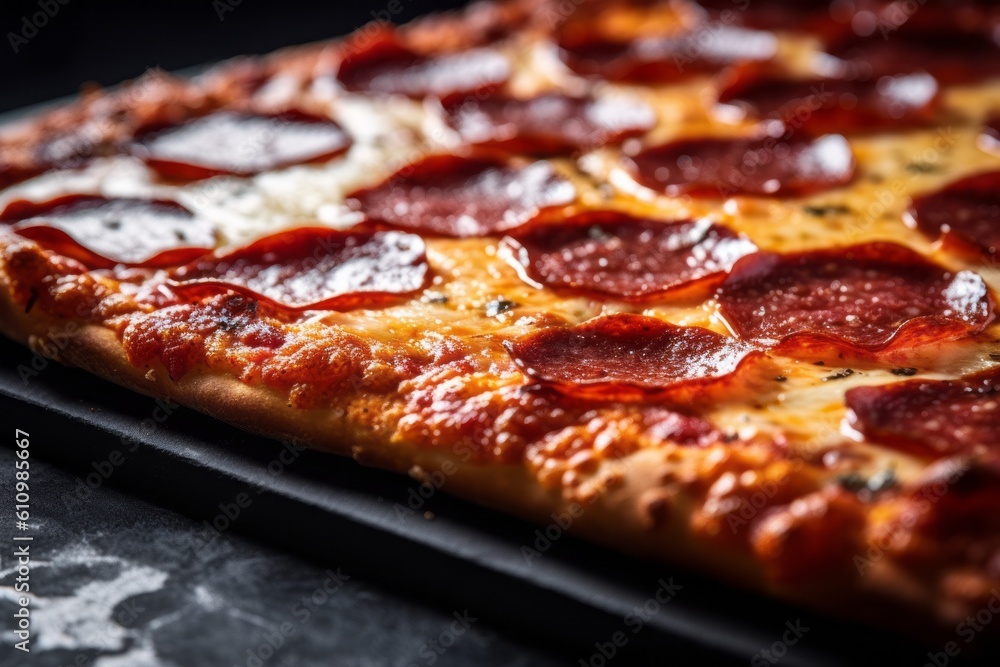 Highly detailed close-up photography of a juicy pizza on a ceramic tile ...