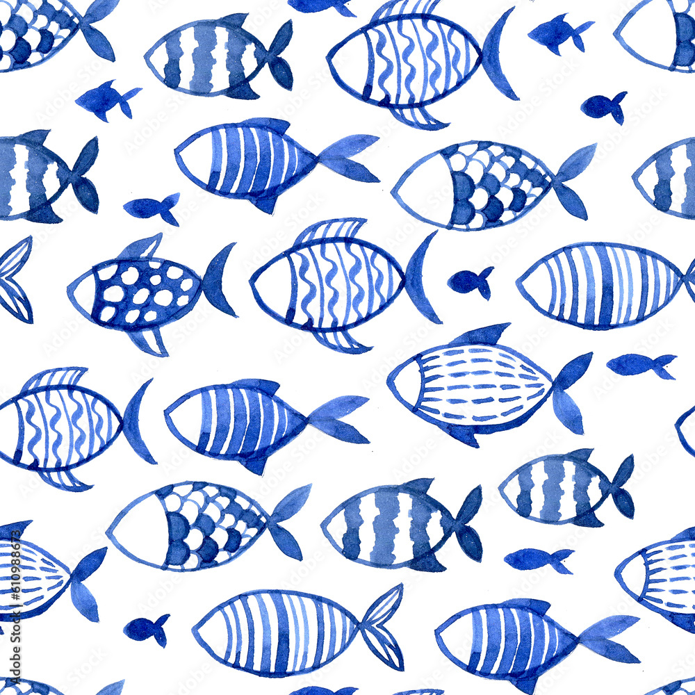 watercolor seamless pattern with fish. children's simple drawing blue ...
