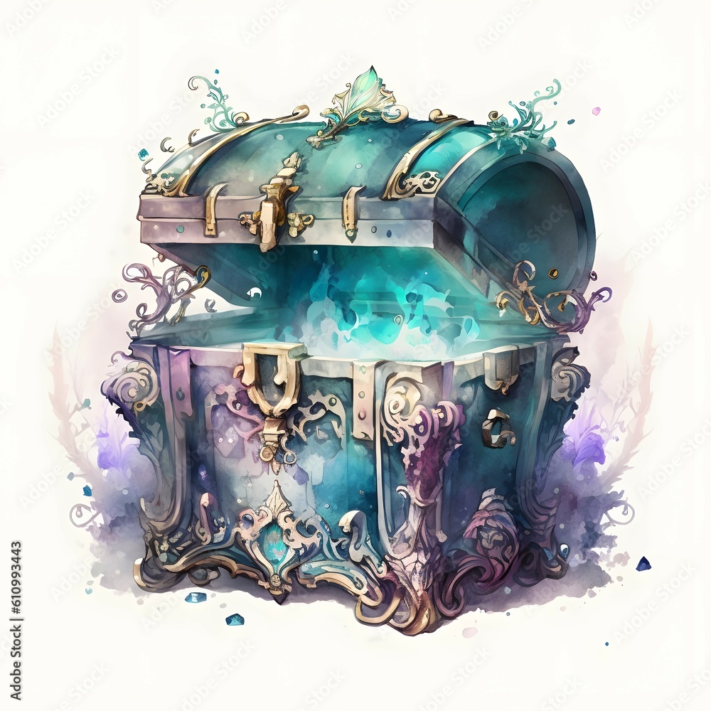 Beautiful watercolor and ink illustration of a fantasy magical Treasure ...