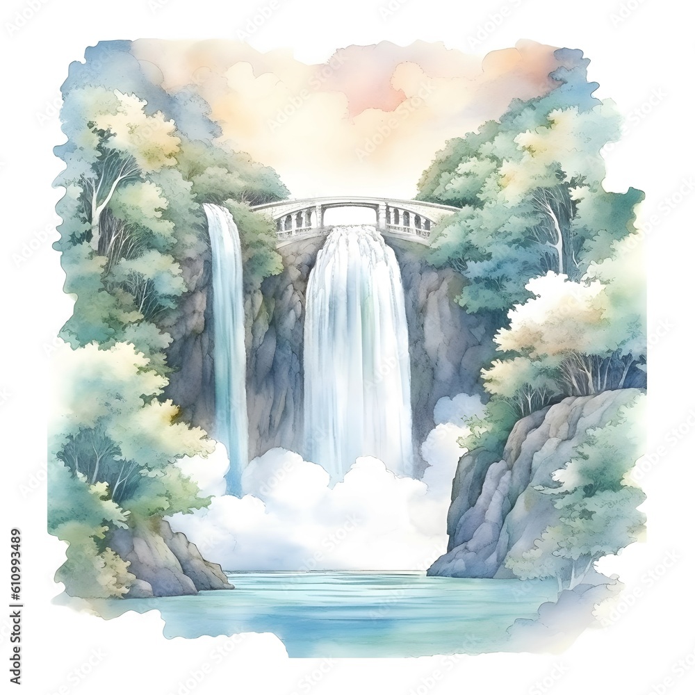 Vector illustration of The Heavenly Waterfall, watercolour masterpiece ...