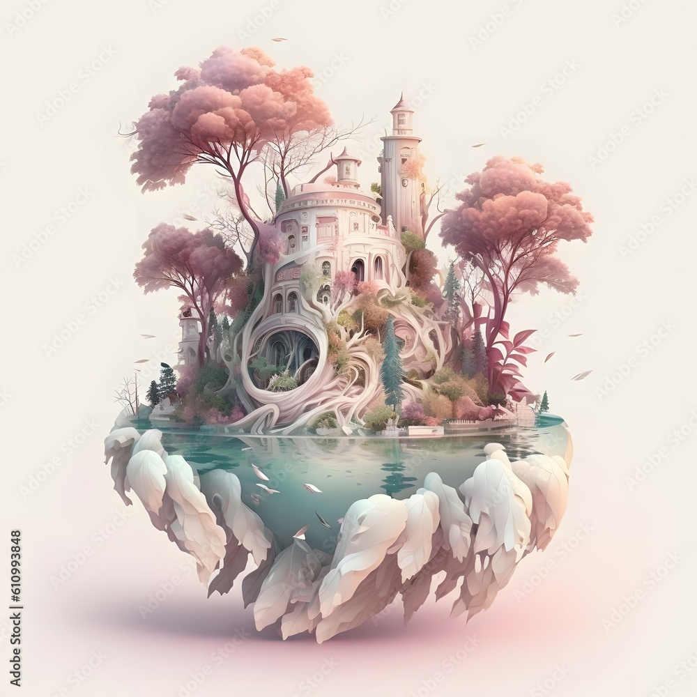 Floating Island, neo-rococo, pastel color scheme, detailed, soft light ...