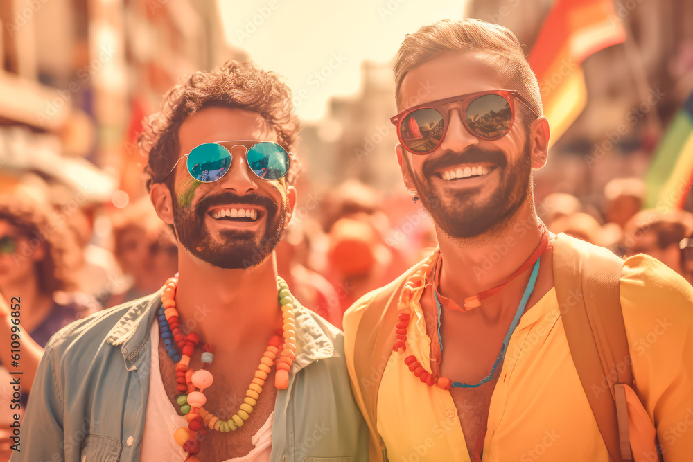 Beautiful Smiling Gay Couple At The Pride Parade Rainbow Flag At The
