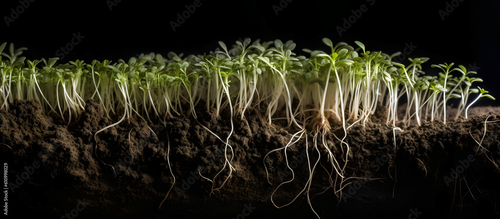 Sprouts of microgreens, seedlings, cross-section with roots. Healthy ...