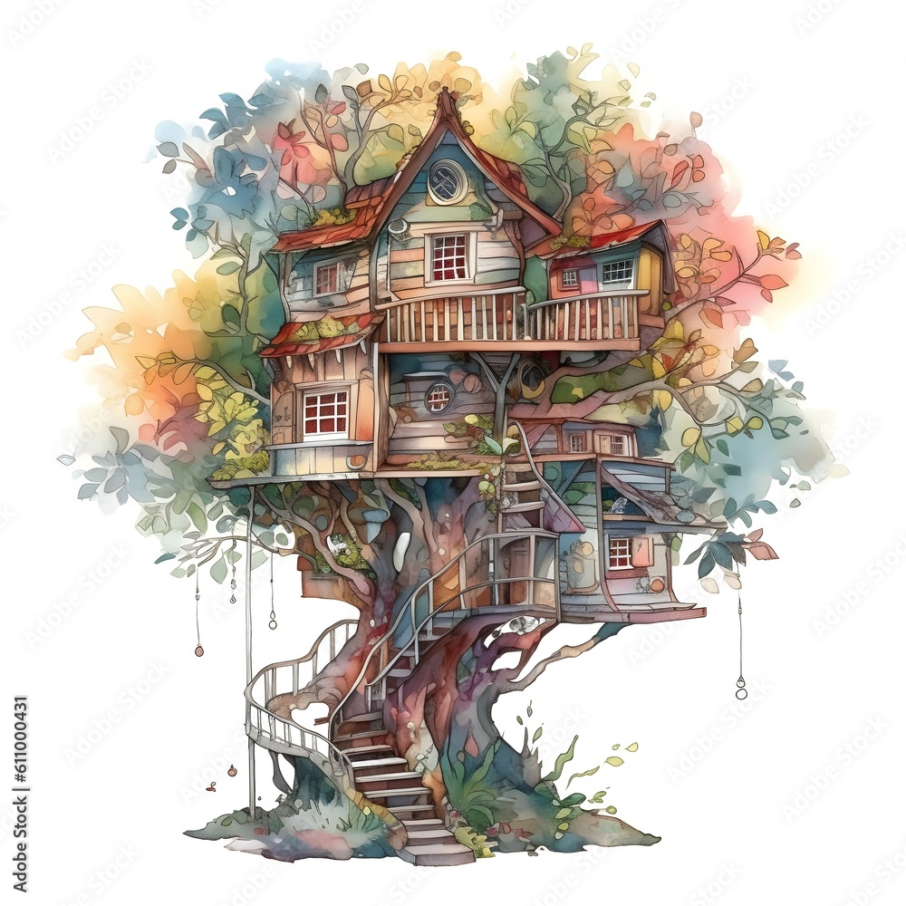 Vector illustration of Magical Treehouse, watercolour masterpiece ...