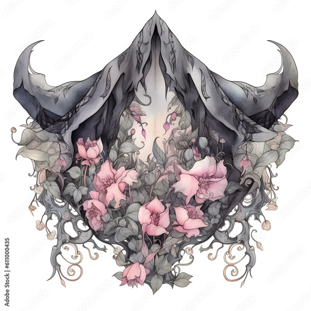 beautiful watercolor and ink illustration of a fantasy magical Batwing ...