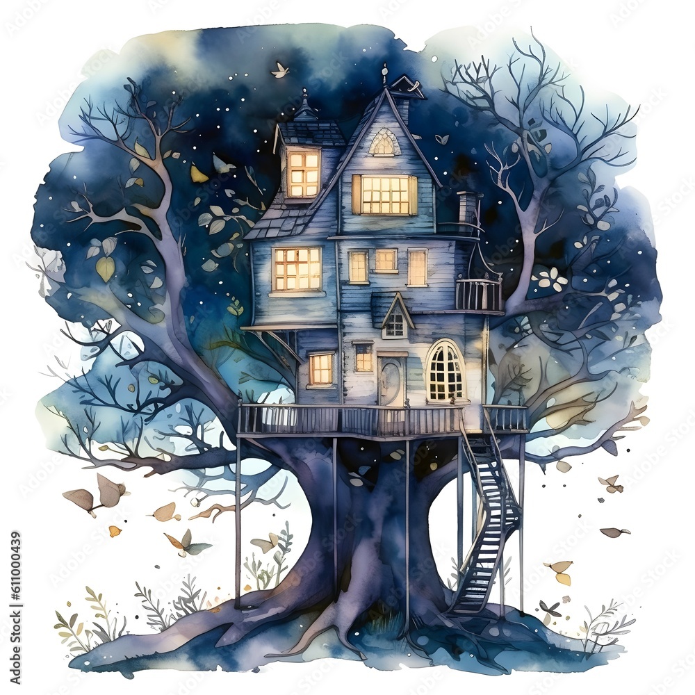 Vector illustration of Enchanted Treehouse, watercolour masterpiece ...