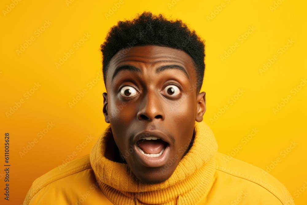 Young black man with surprised face open mouth on yellow background. Generative ai Stock ...