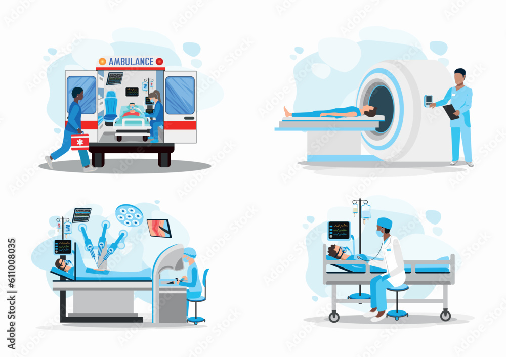 Doctor and patient vector illustration set. Paramedics provide ...